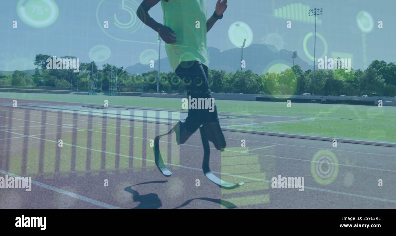 Running athlete with prosthetic legs, data analysis image over sports ...