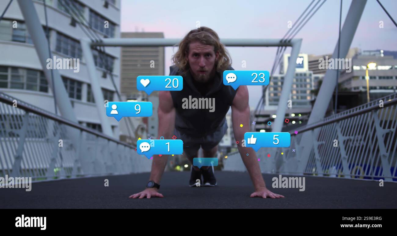 Doing push-ups on bridge, man with social media notifications image ...
