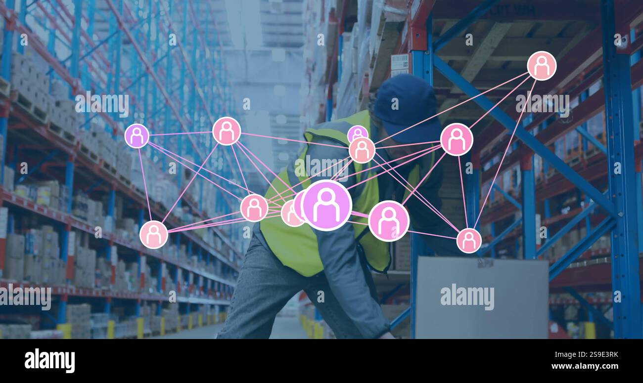 Network of connections image over worker organizing boxes in warehouse ...