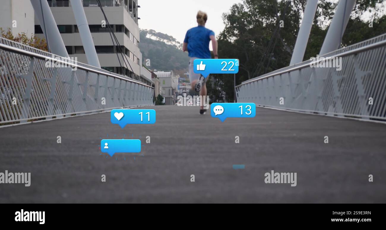 Running on bridge, social media notifications image over cityscape ...