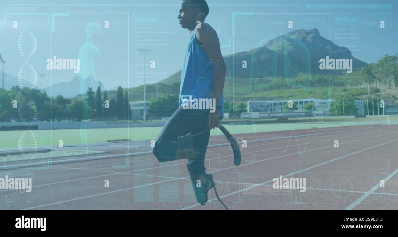 Athlete with prosthetic legs running on track with data analysis image ...