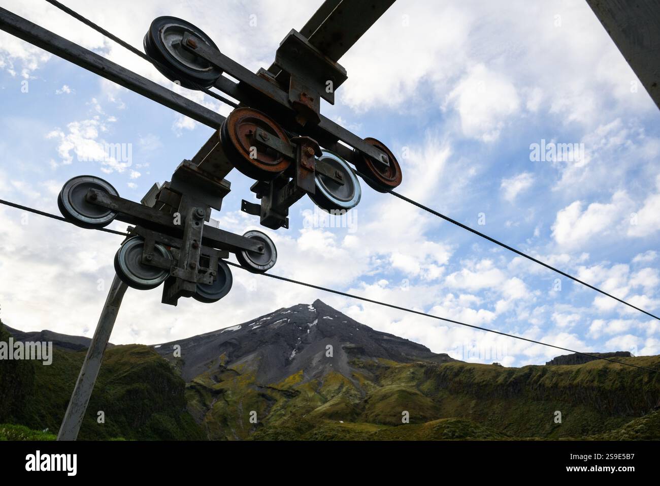 Low angle view of the wheels of goods lift at Manganui Gorge. Mt ...