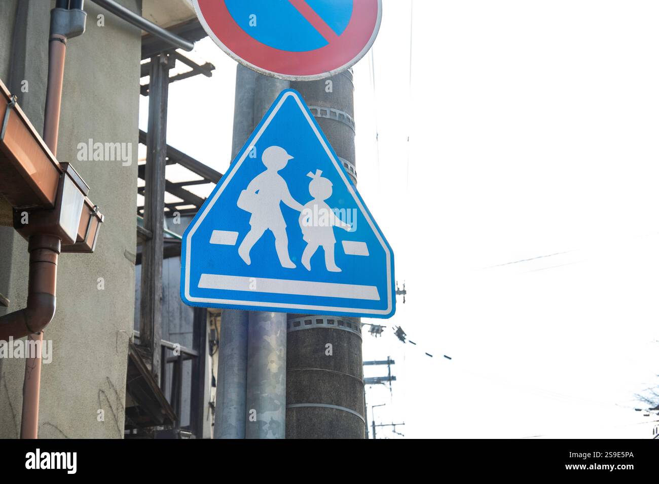Sign indicating a school zone with children crossing in a busy urban ...
