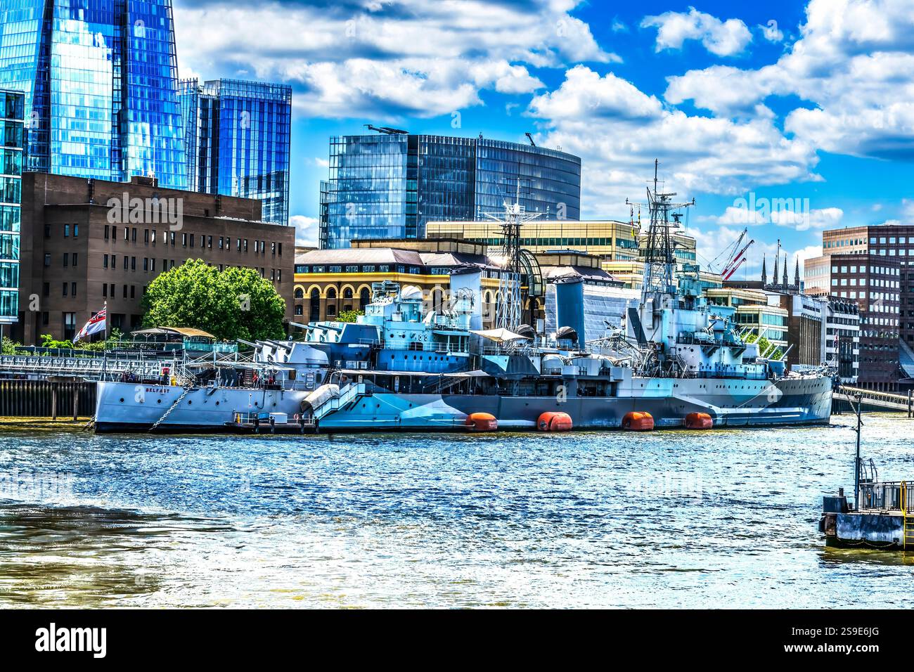 HMS Belfast Light Cruiser Ferry Dock Thames River London England ...