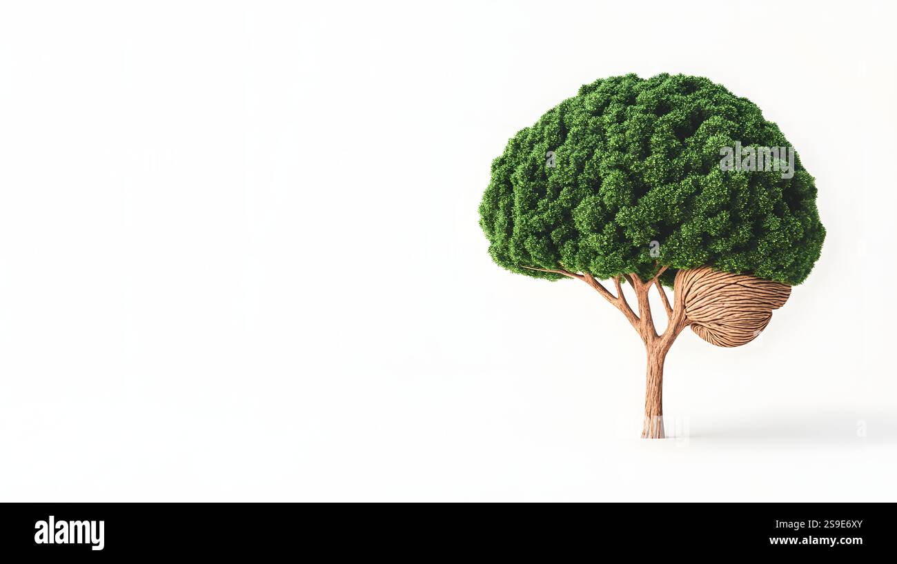 Surreal rendering of a green tree growing out of a human brain ...
