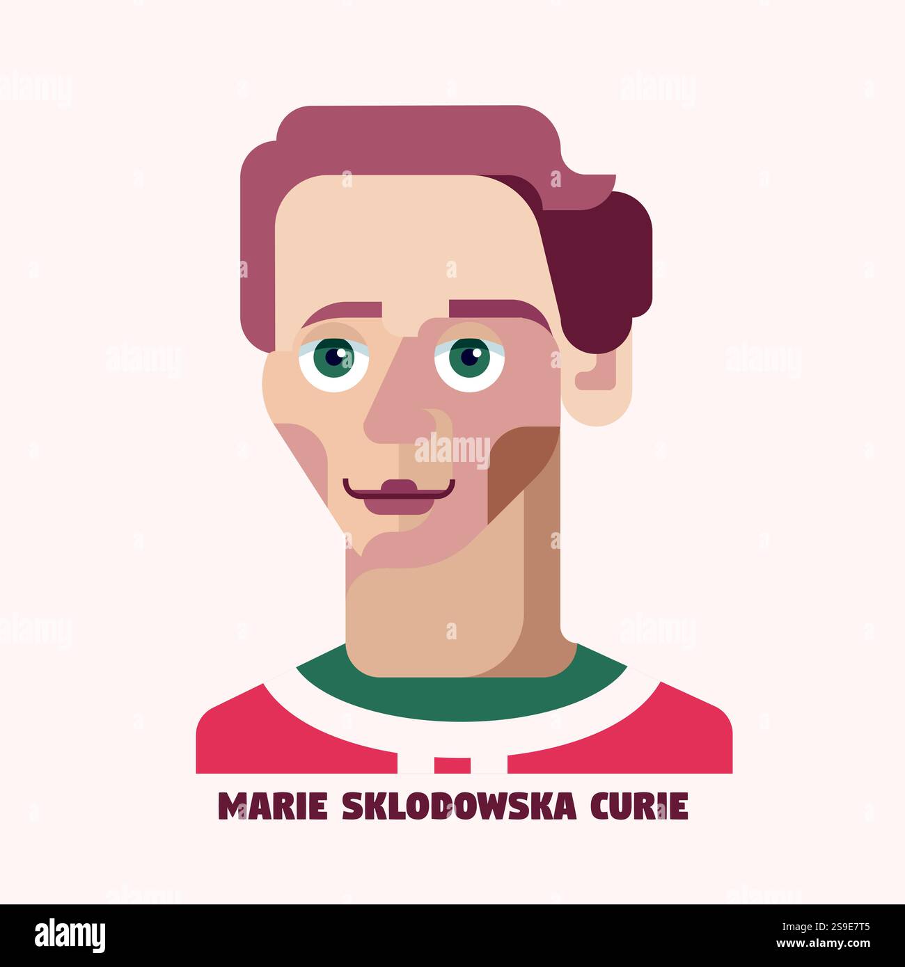 A minimalist vector flat portrait of Marie Curie, featuring clean ...