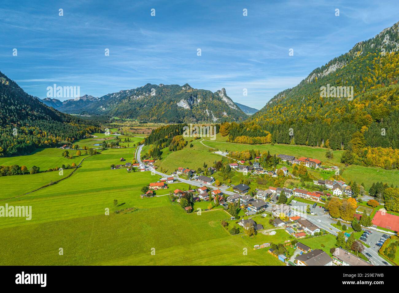 Autumnal view of the Ettaler Sattel in the Ammergau Alps Nature Park in ...