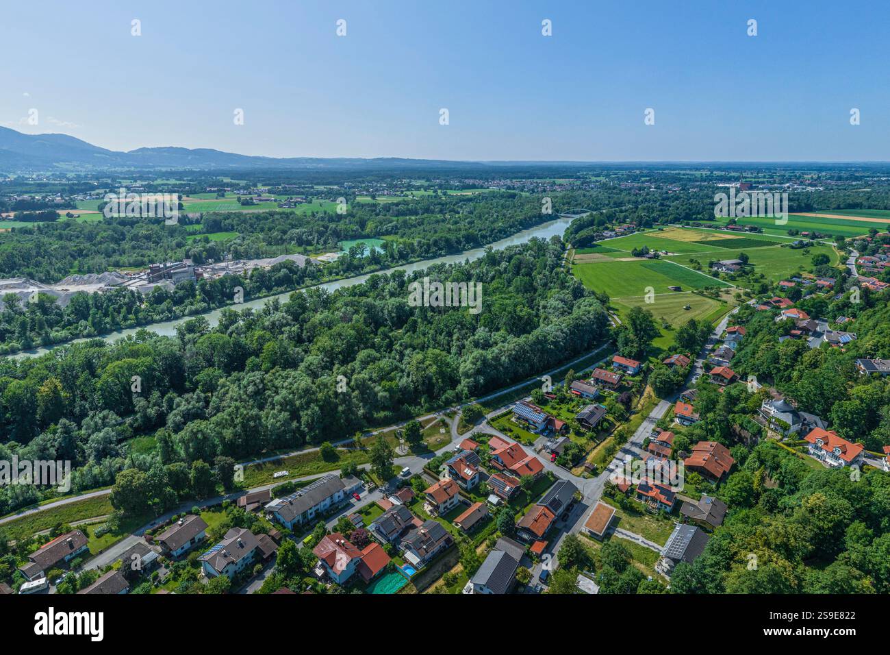 View of the Upper Bavarian Inn Valley in Chiemgau around the typical ...