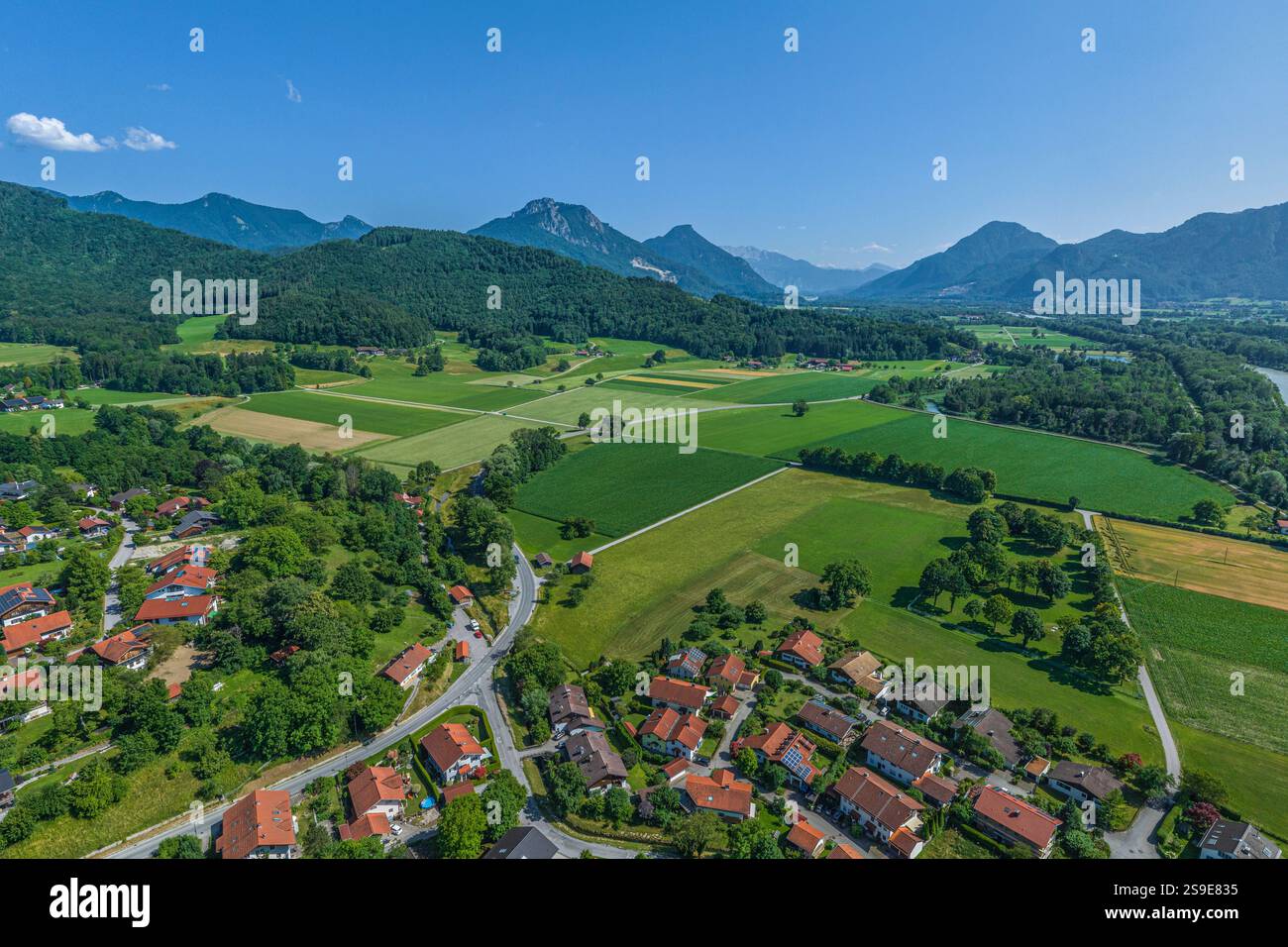 View of the Upper Bavarian Inn Valley in Chiemgau around the typical ...