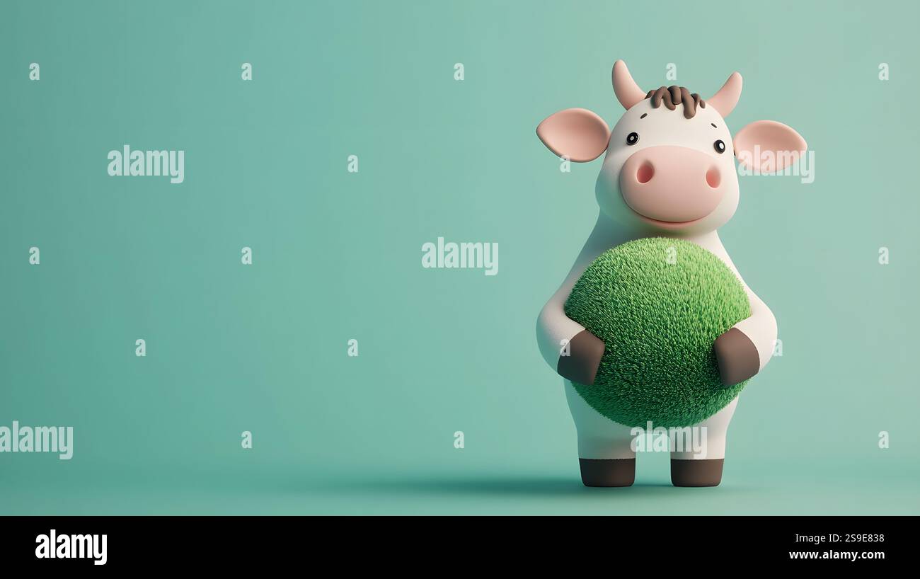 Cute and lovable cartoon cow figure tenderly holding a grassy,spherical ...