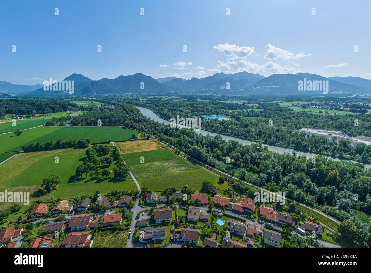 View of the Upper Bavarian Inn Valley in Chiemgau around the typical ...
