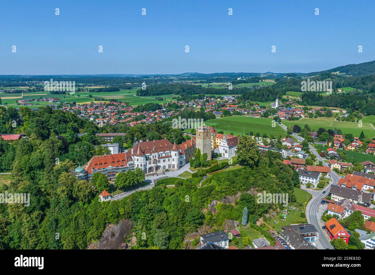 View of the Upper Bavarian Inn Valley in Chiemgau around the typical ...