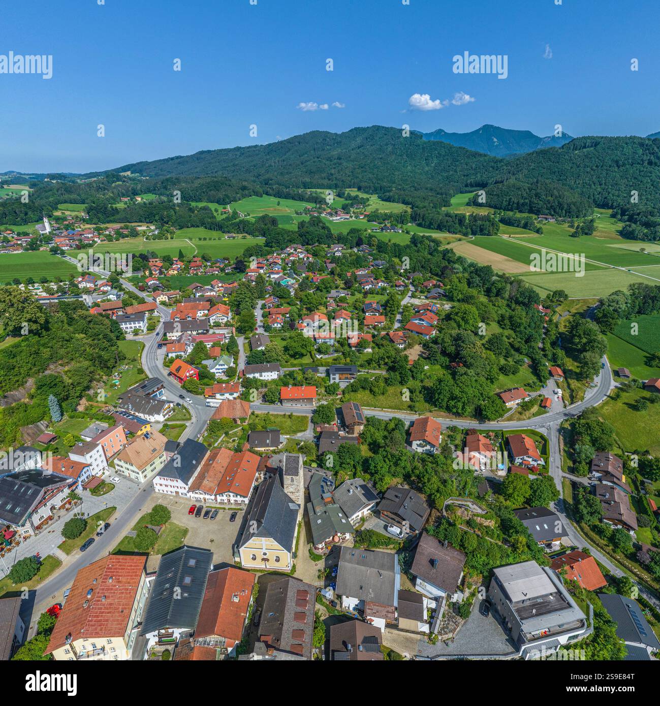 View of the Upper Bavarian Inn Valley in Chiemgau around the typical ...
