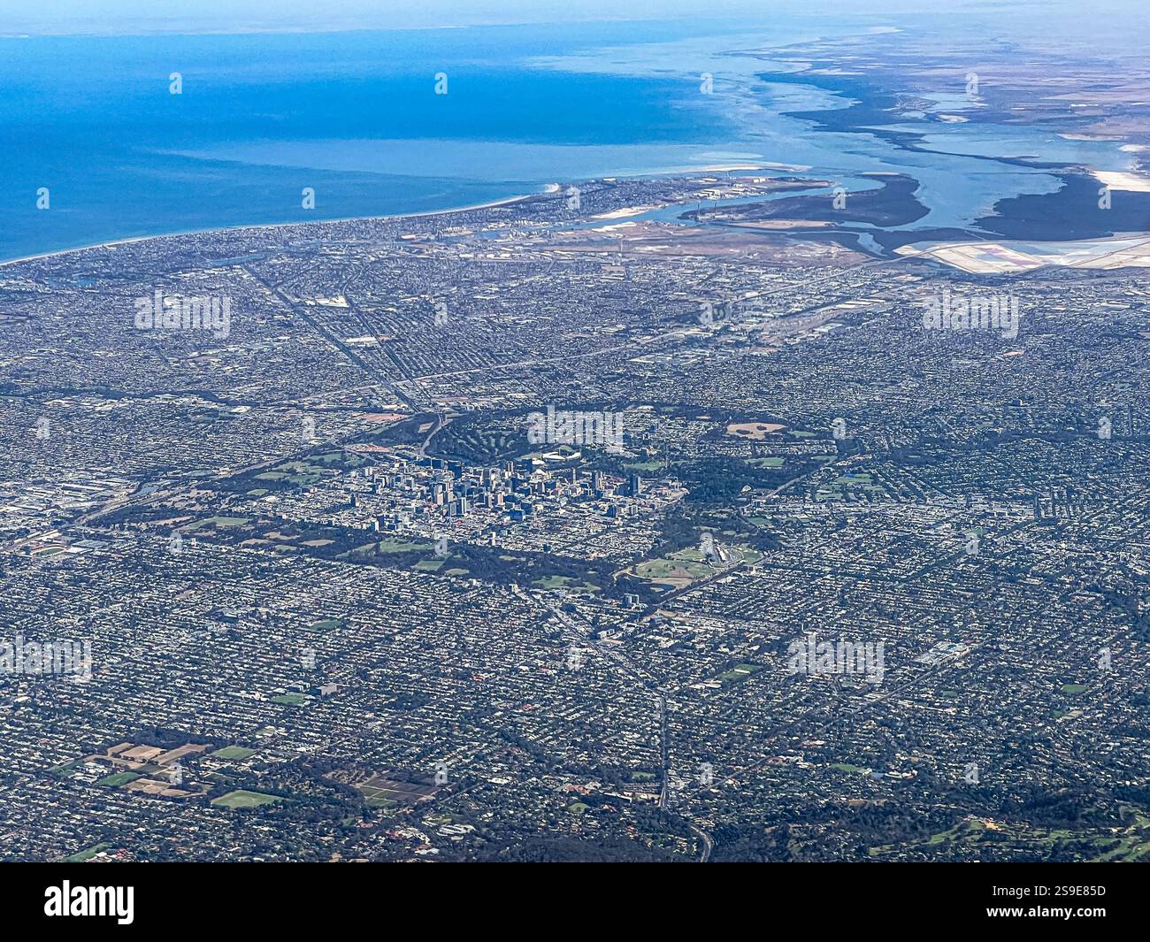 Aerial View of Adelaide, South Australia out the window of a plane ...
