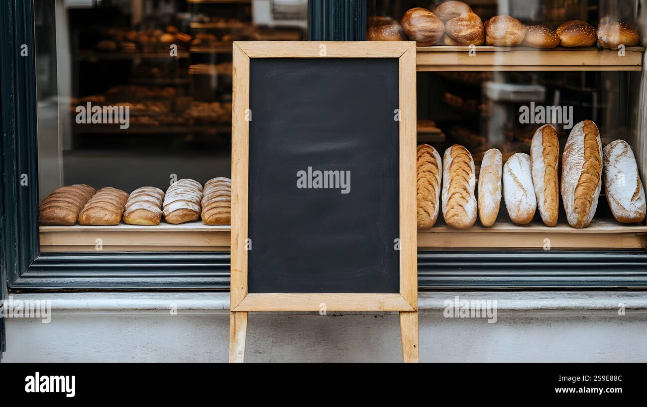 Freestanding chalkboard sign displayed outside a bakery storefront,with ...