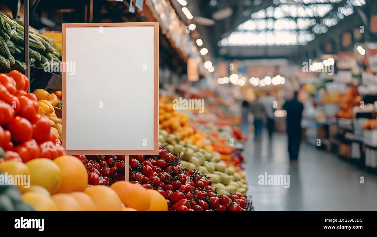 Vibrant indoor market scene with a blank vertical billboard mockup for ...