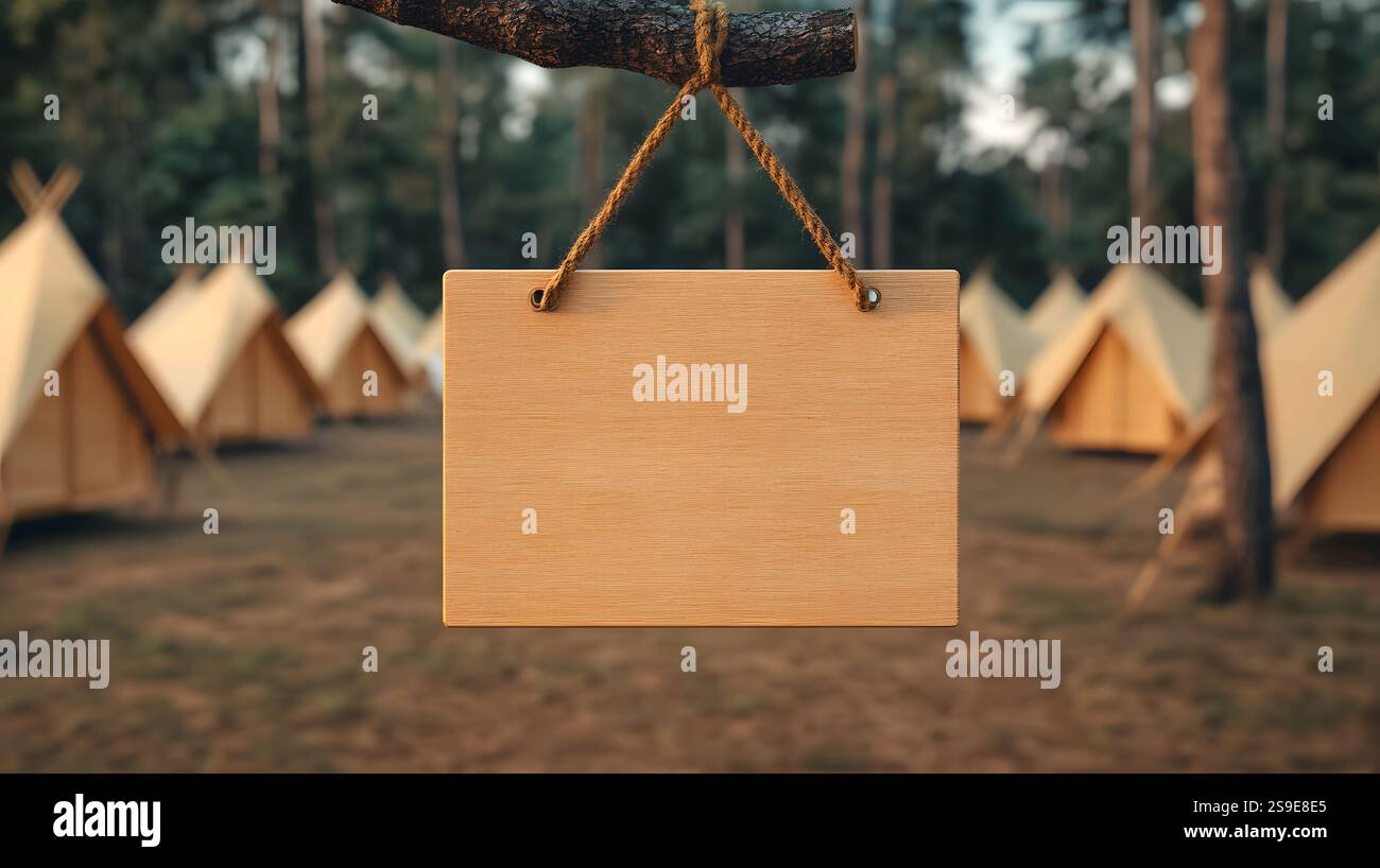 Rustic blank signboard hanging from a tree branch at a rural fairground ...