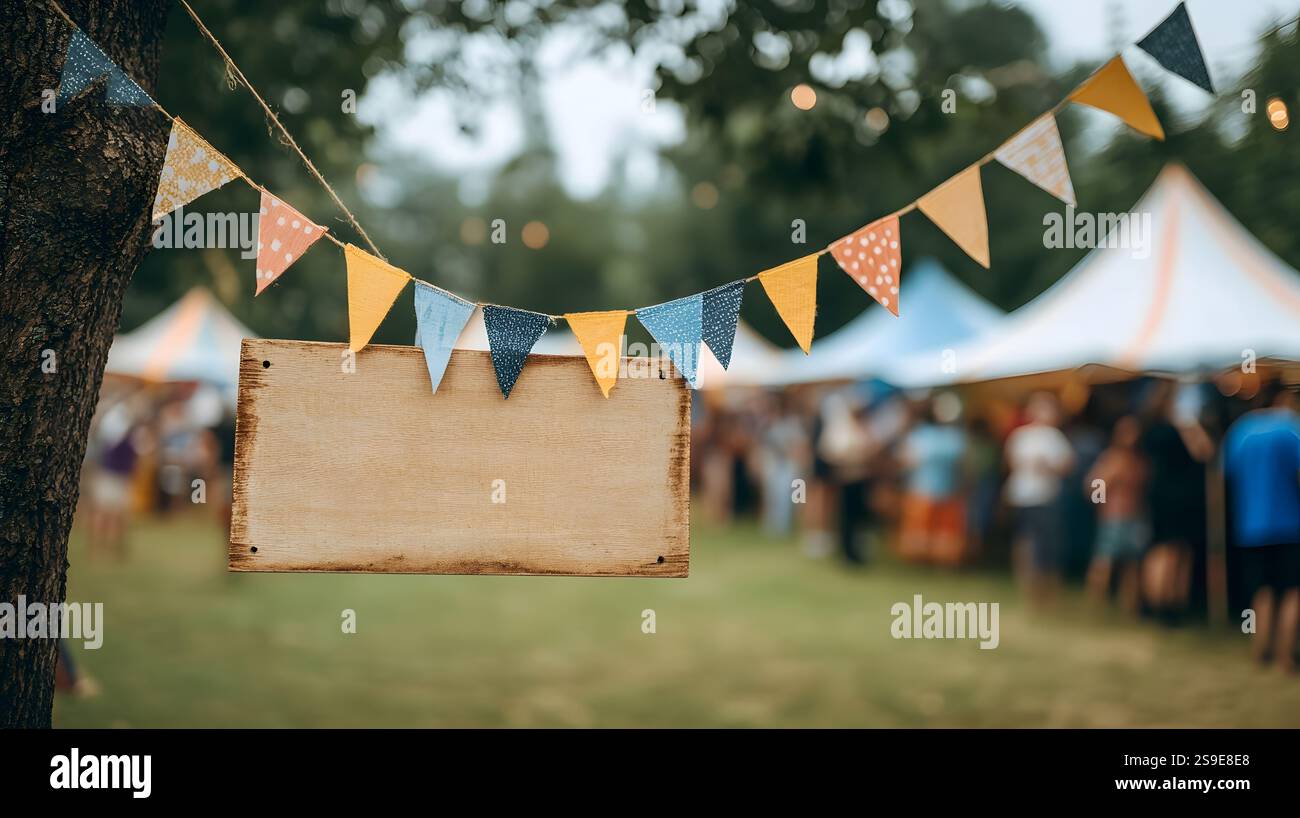 Rustic blank signboard hanging from a tree branch at a rural fairground ...