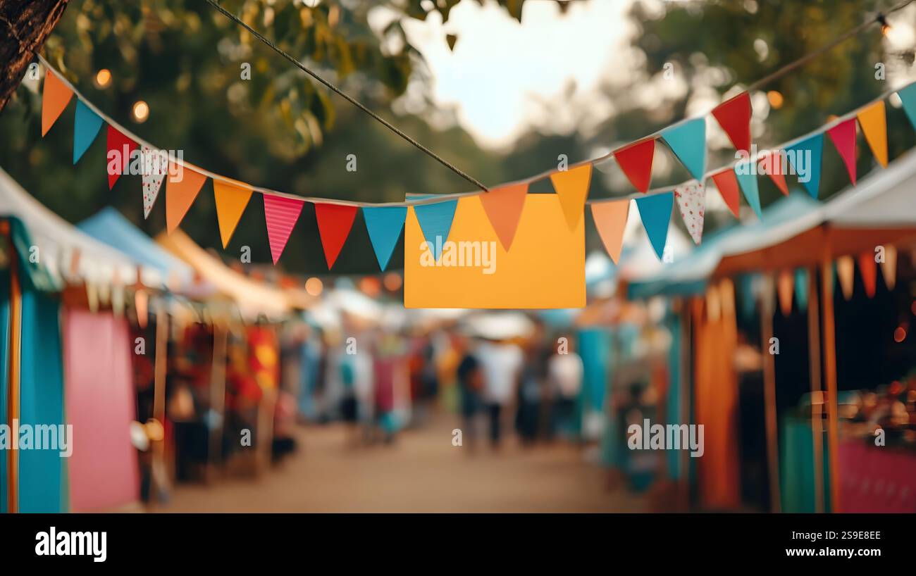 Rustic blank signboard hanging from a tree branch at a rural fairground ...