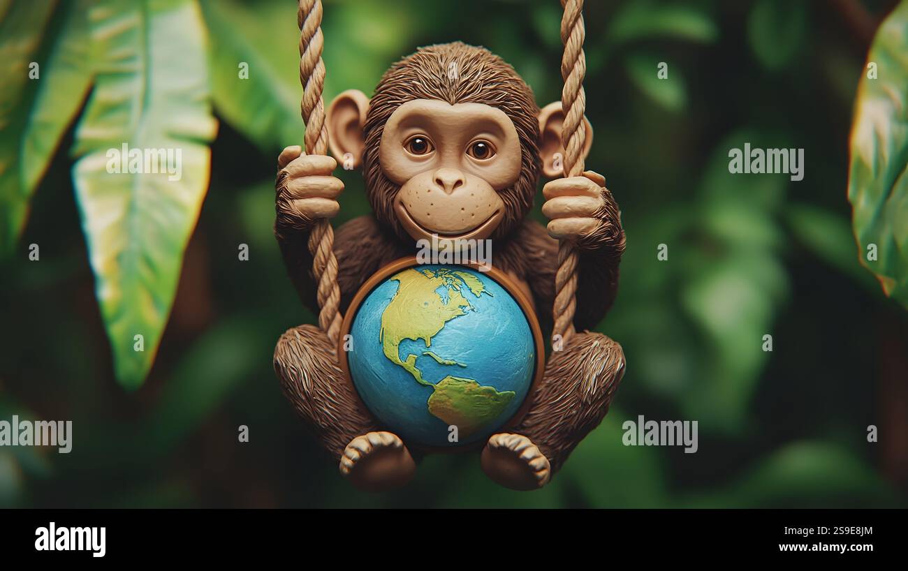 Playful Monkey Swinging on a Rope with a Small Globe in a Lush Jungle ...