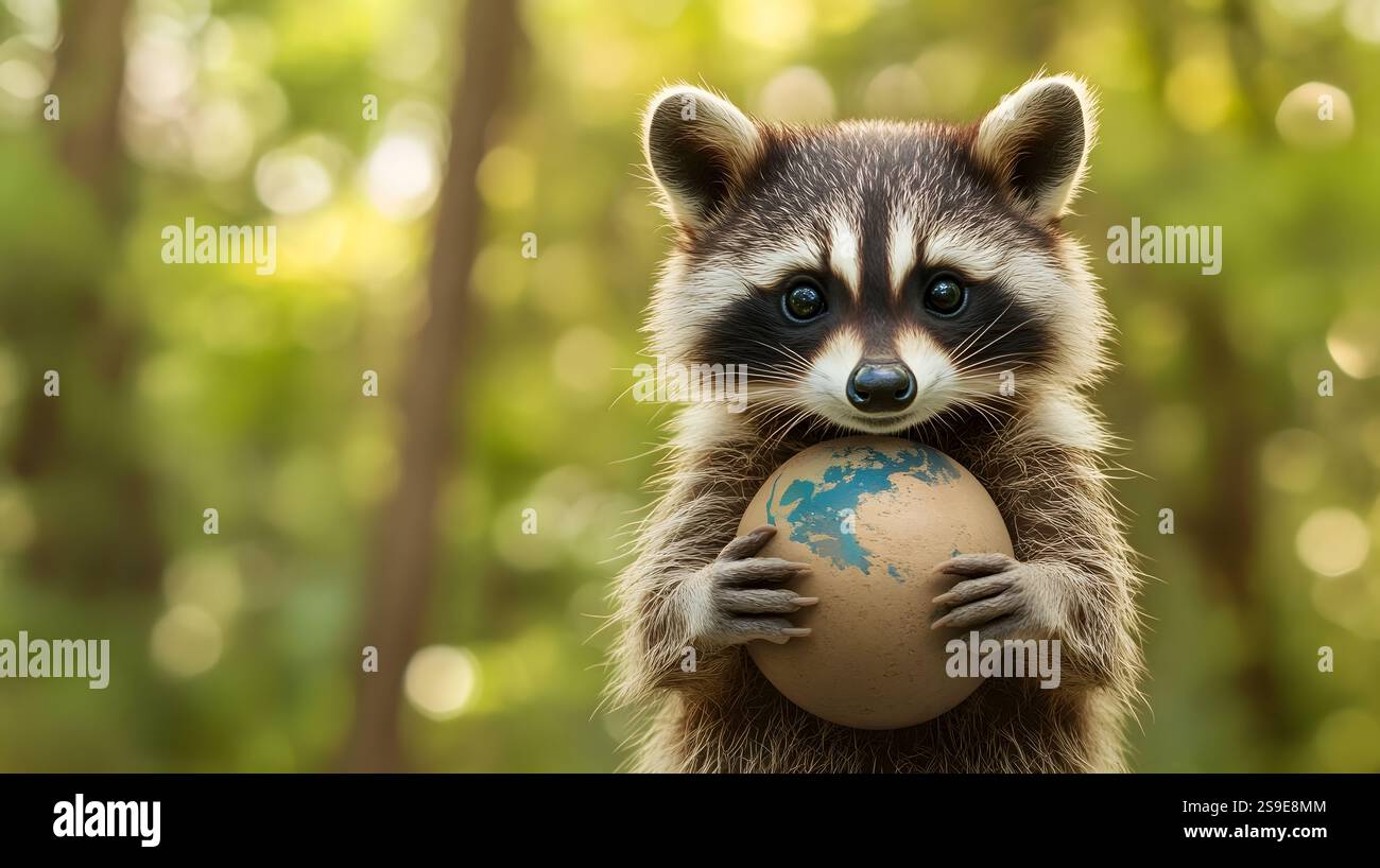 Adorable Raccoon Holding a Clay Globe in its Paws,Surrounded by a Lush ...