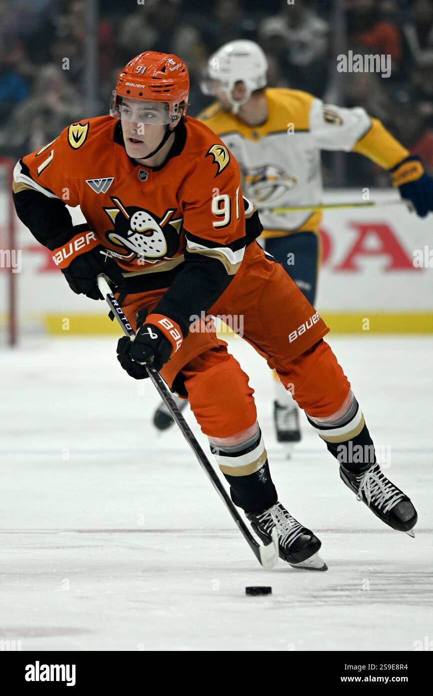 Anaheim Ducks center Leo Carlsson (91) controls the puck against the Nashville Predators during ...