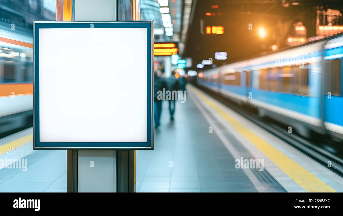 Blank square sign displayed on a train station platform with blurred ...
