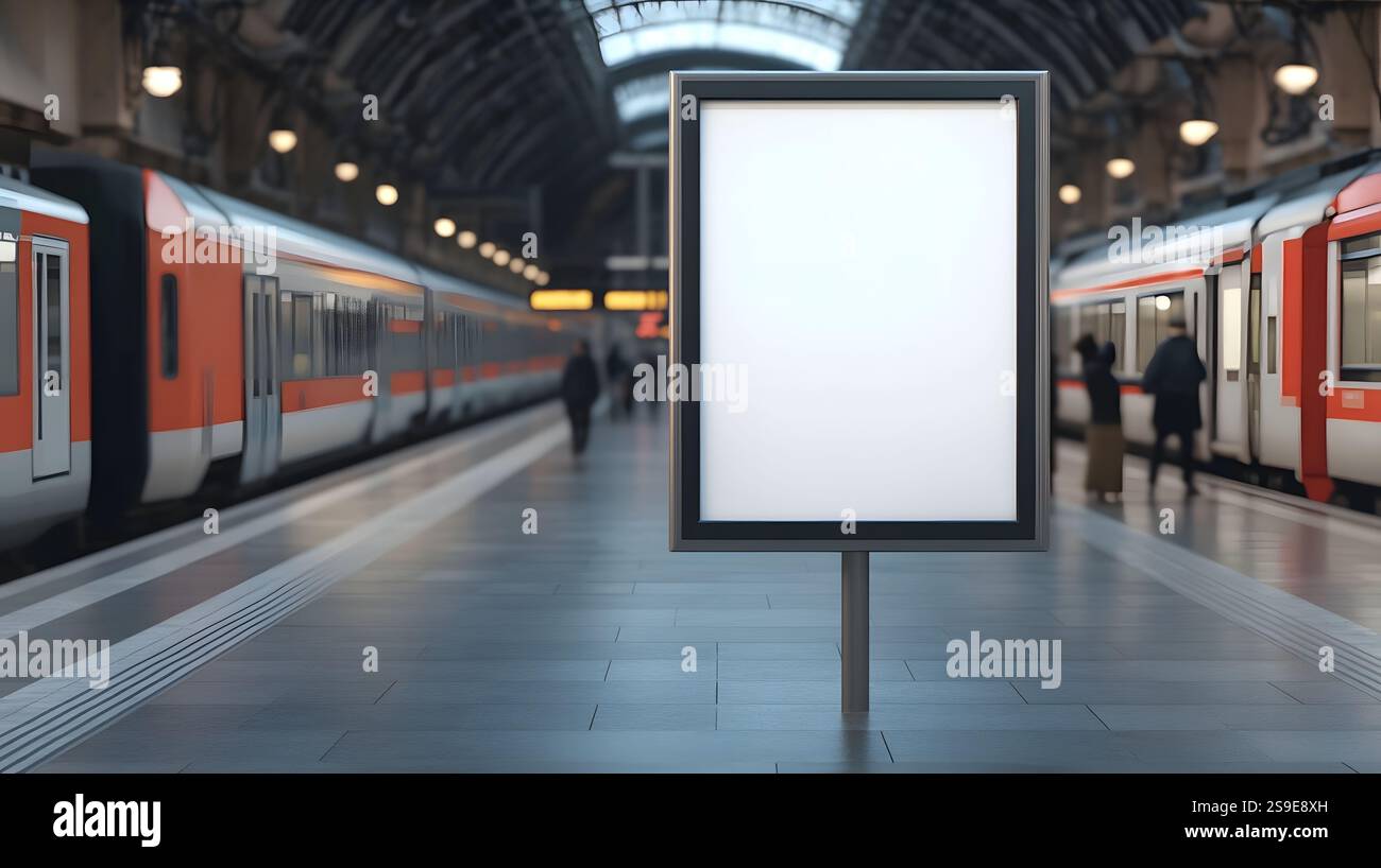 Blank,illuminated square sign mockup on a busy train station platform ...