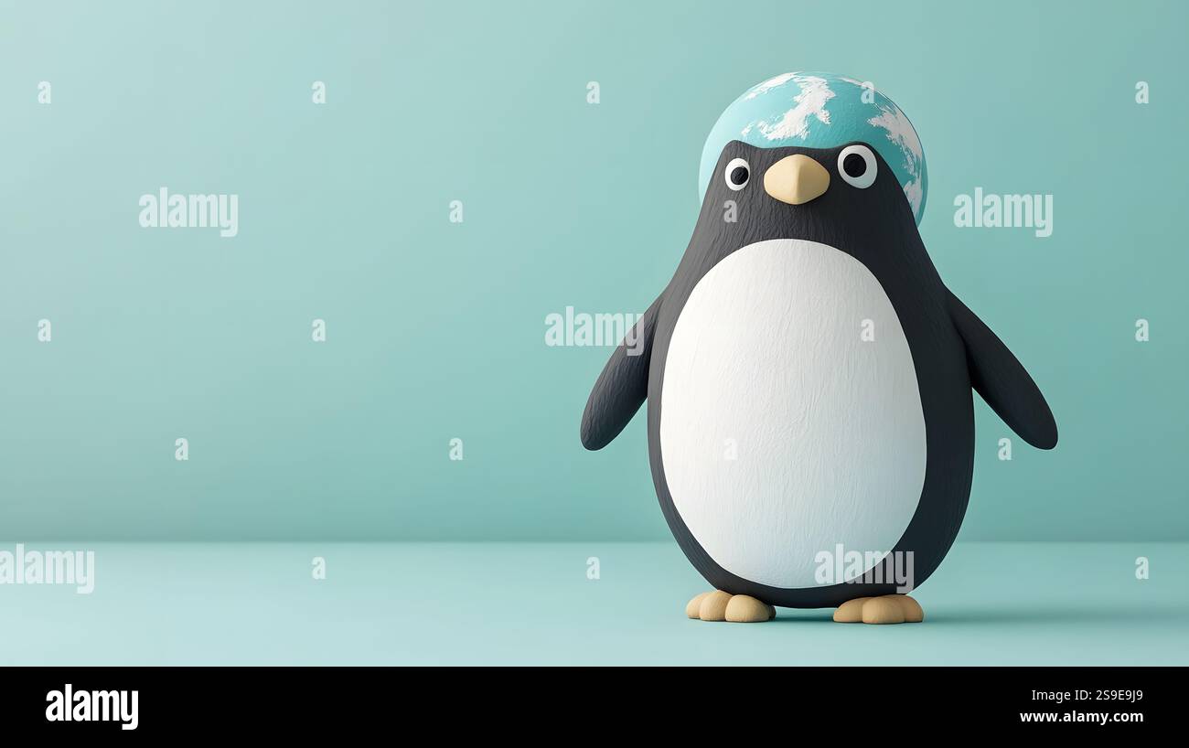 Playful,whimsical 3D depicting a cute penguin character balancing the ...