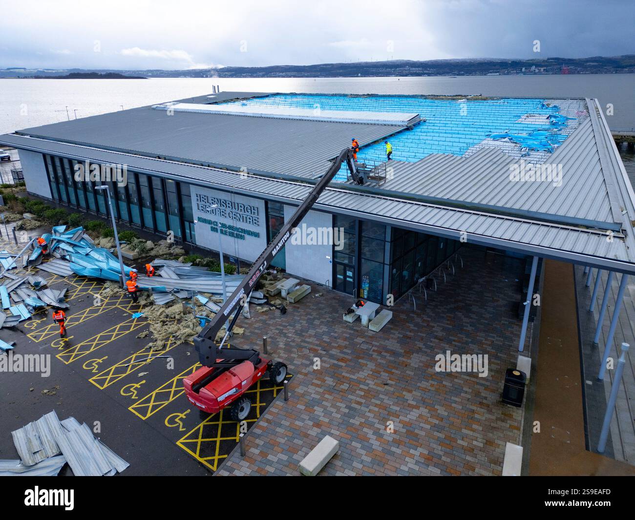 Helensburgh 25th January, 2025. Aerial views as workers clear up debris ...