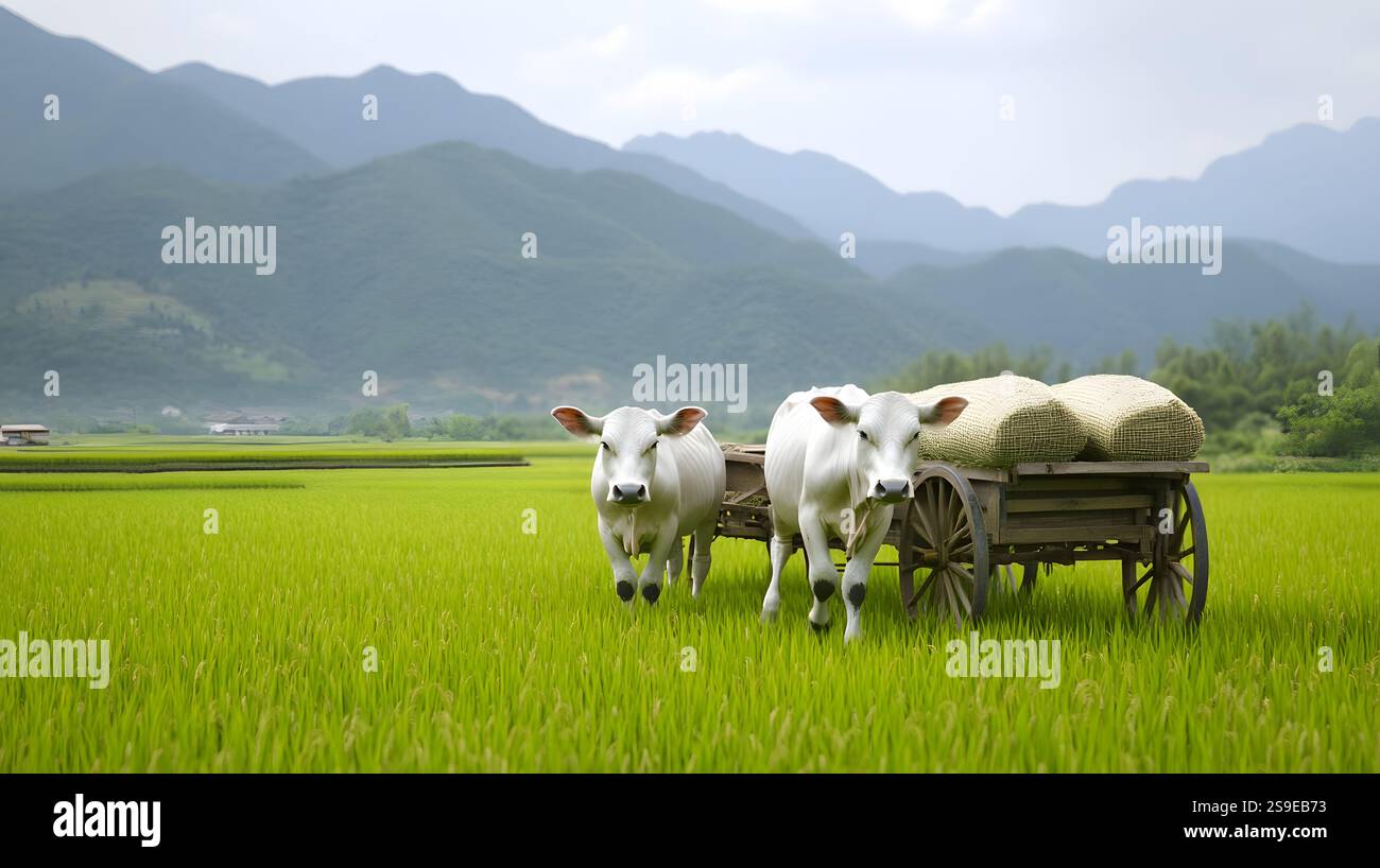 Traditional rice harvest scene depicting farmers loading rice bundles ...