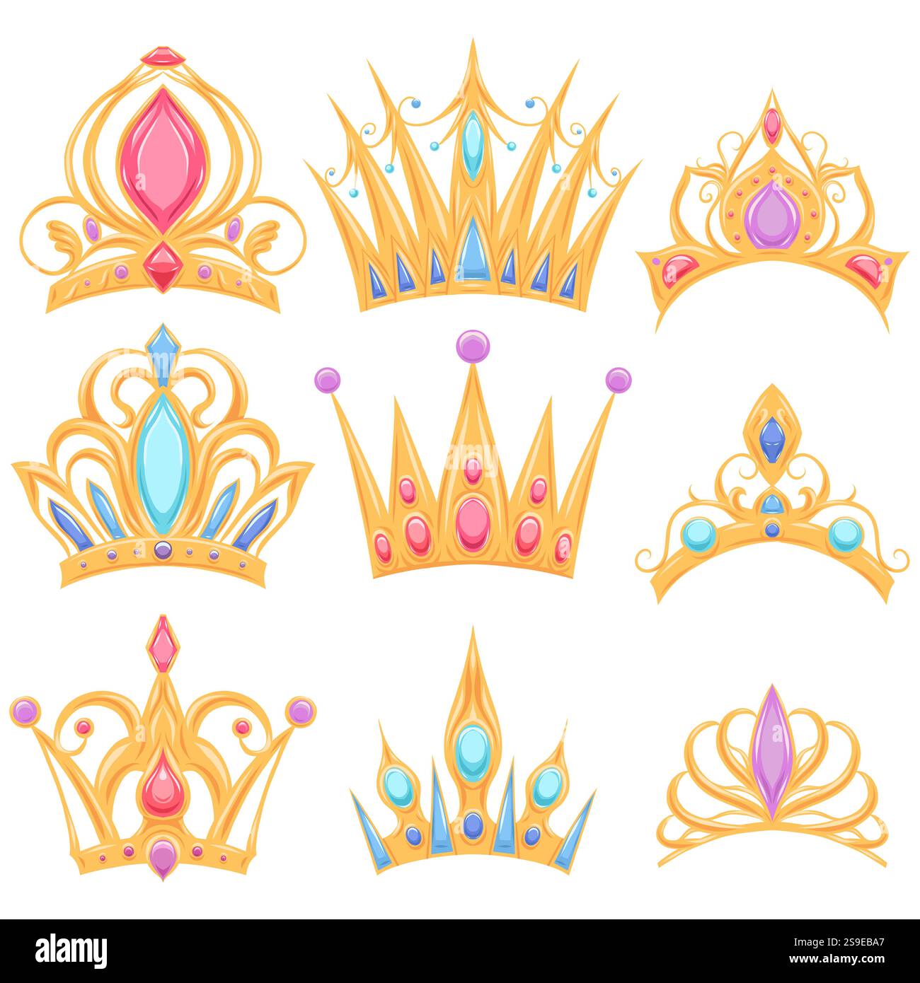 Vector set of golden crowns and tiaras in cartoon style. Collection of ...