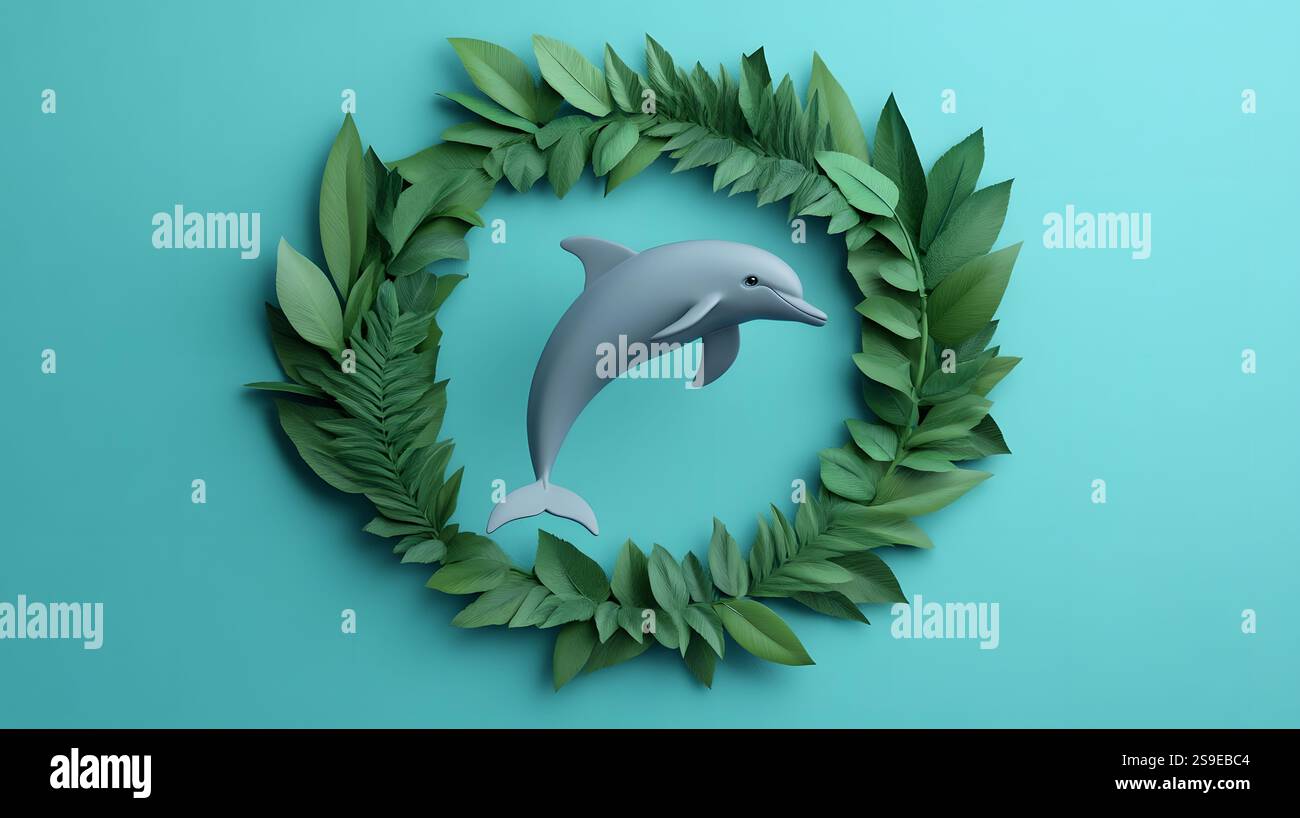 Adorable dolphin jumping through a ring of lush green leaves and ...