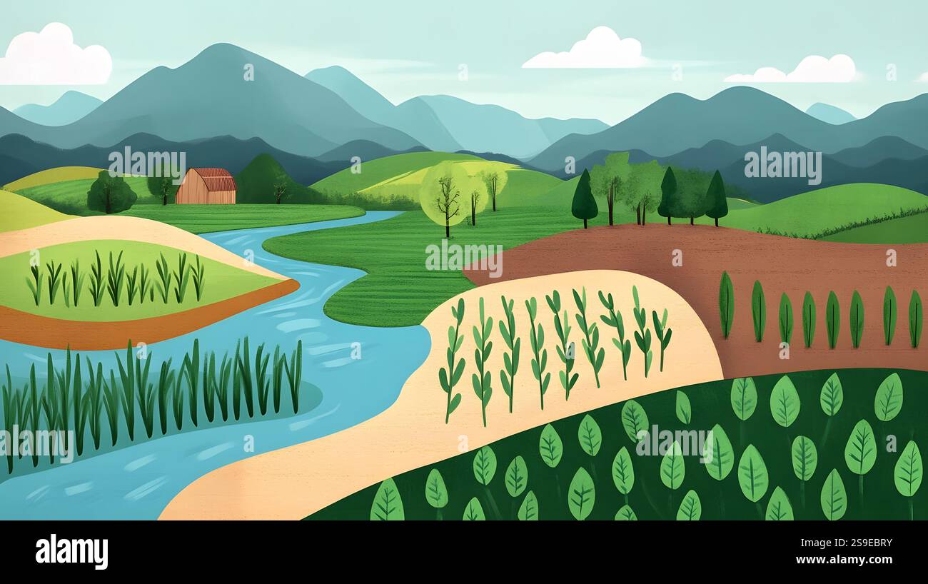 Idyllic rural landscape depicting the lifecycle of rice farming,from ...