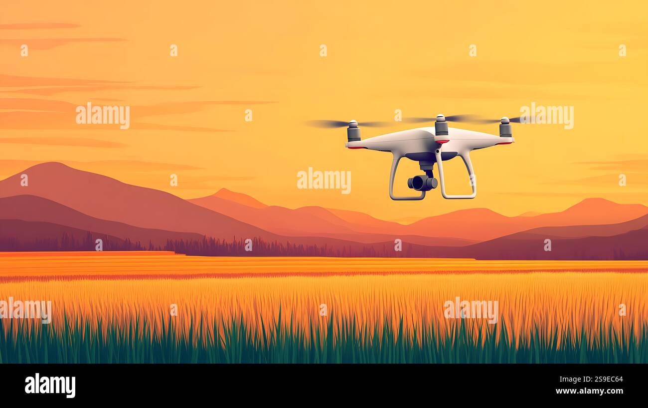 Aerial view of a modern rice farm with automated drone monitoring and ...