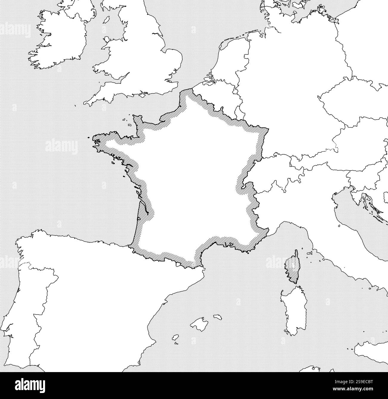 Map of France and nearby countries in black and white, France is ...