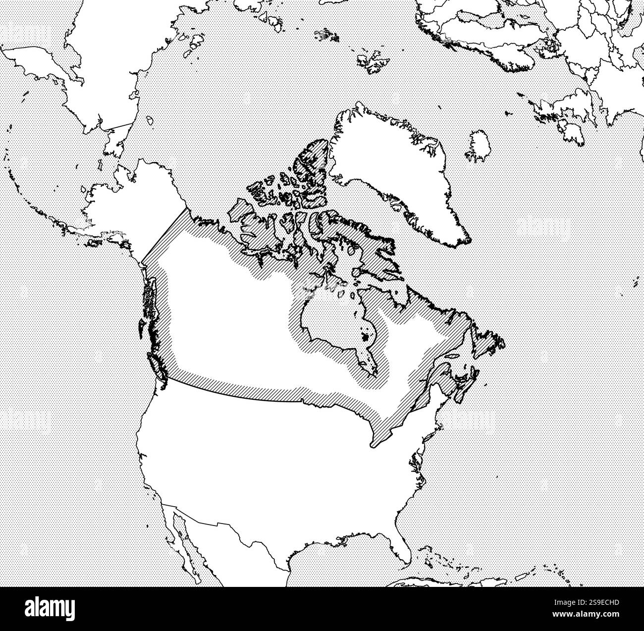 Map of Canada and nearby countries in black and white, Canada is ...