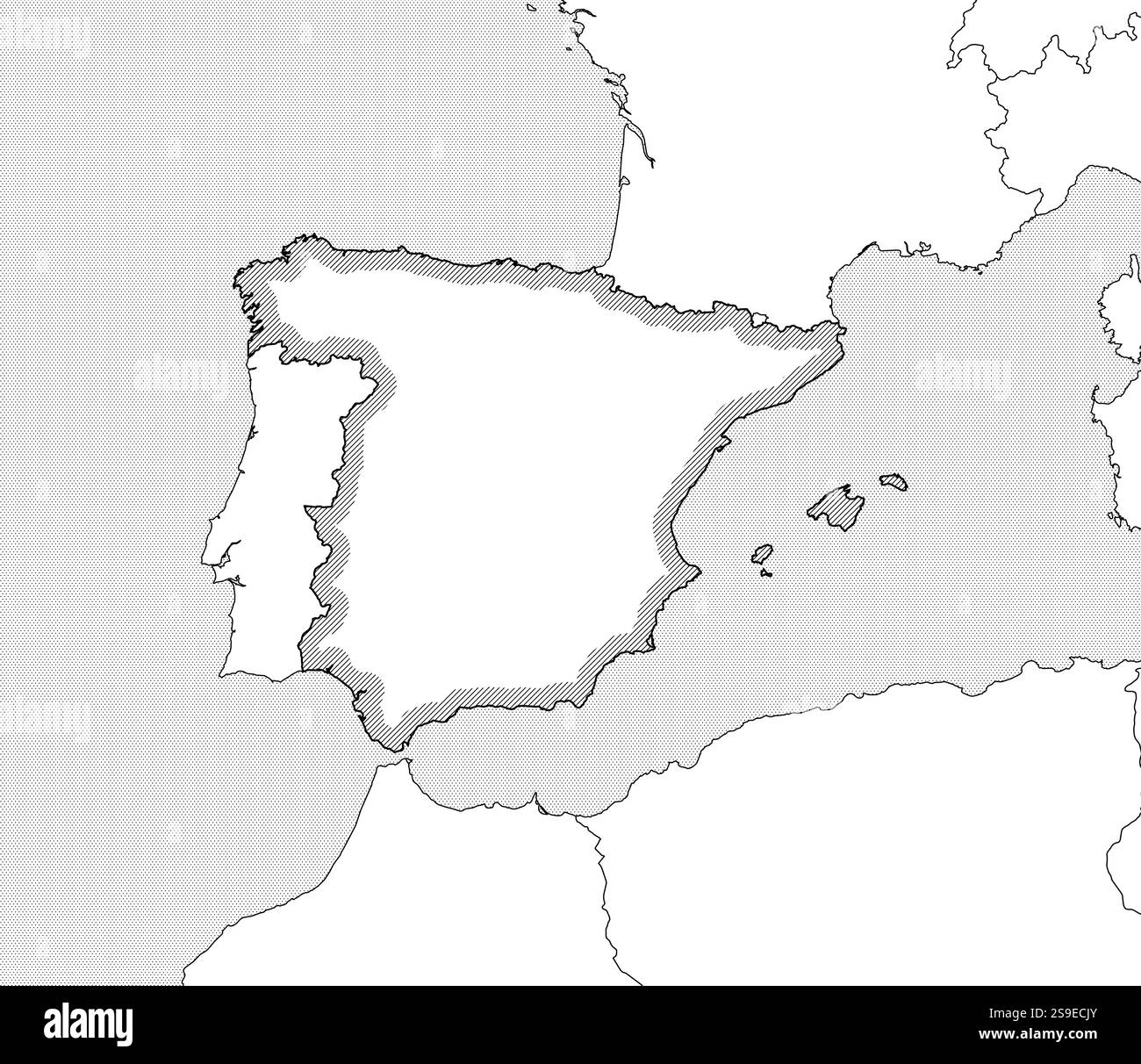 Map of Spain and nearby countries in black and white, Spain is ...