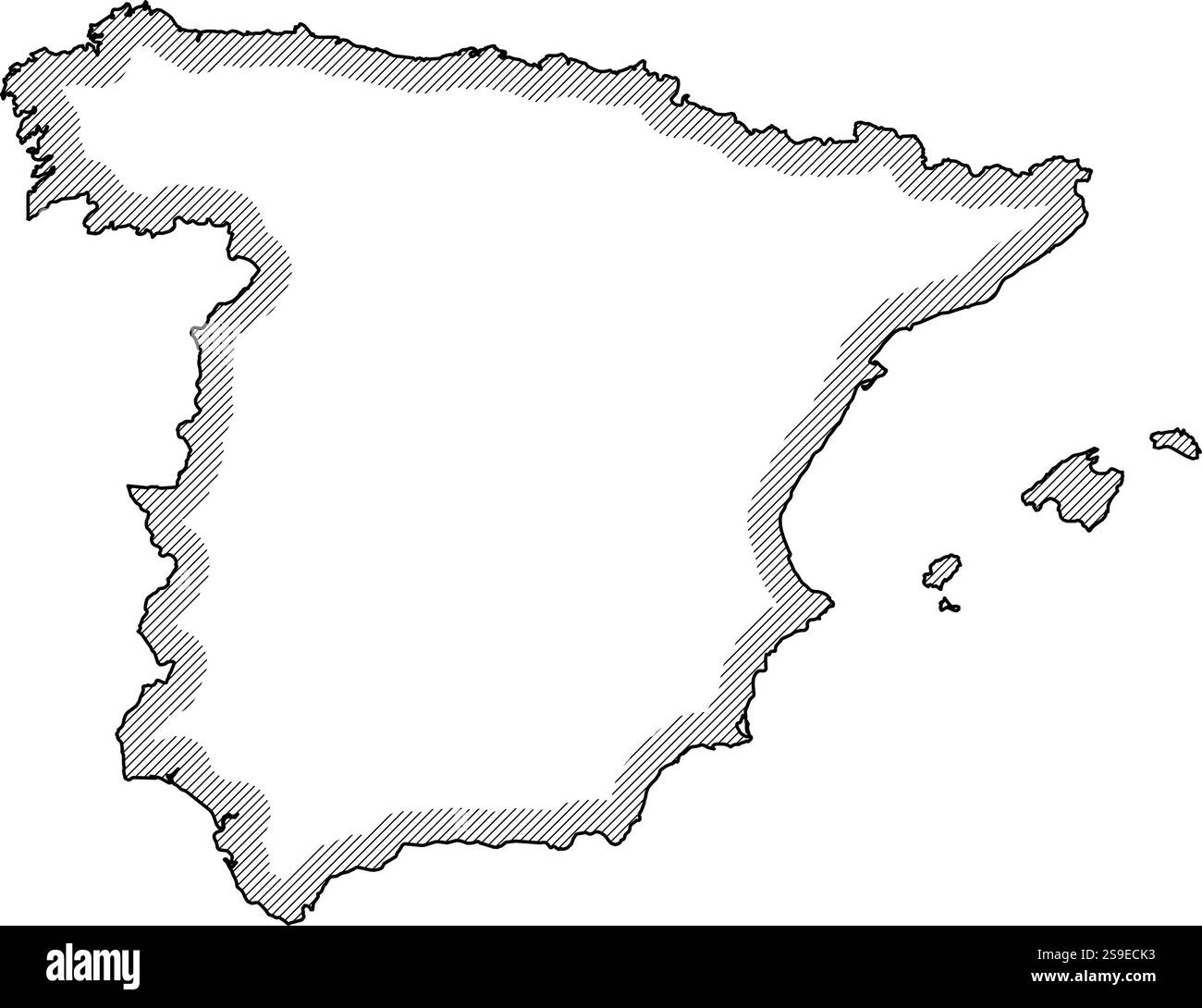 Map of Spain in black and white, Spain is highlighted by a hatching ...