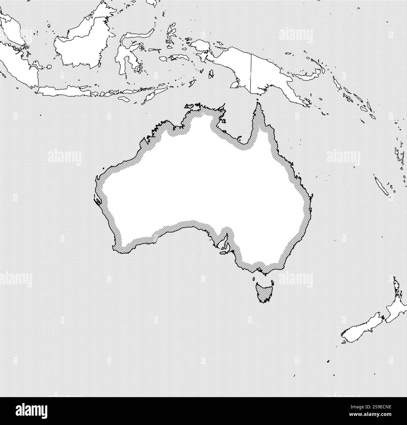Map of Australia and nearby countries in black and white, Australia is ...