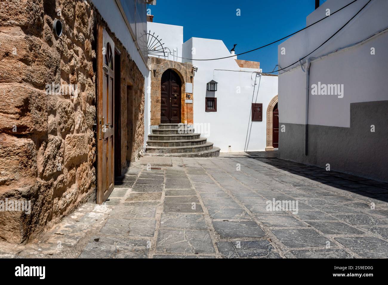 Beautiful medieval architecture of Lindos town in Rhodes, Greece Stock ...