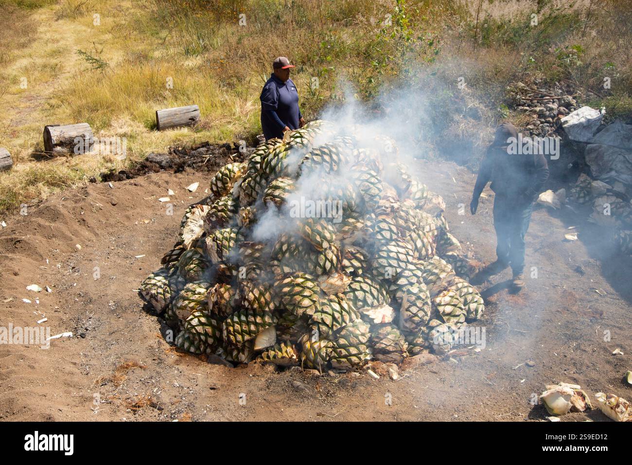 Oaxaca, Mexico 1st January 2025: Traditional process of cooking maguey ...