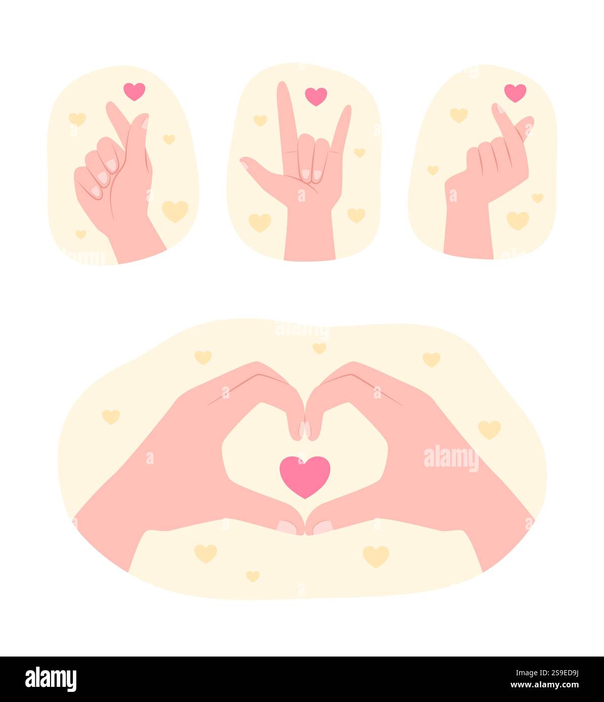 Set of Hands Showing Different Love Gestures with Mini Hearts for Sign Language and Valentine's ...
