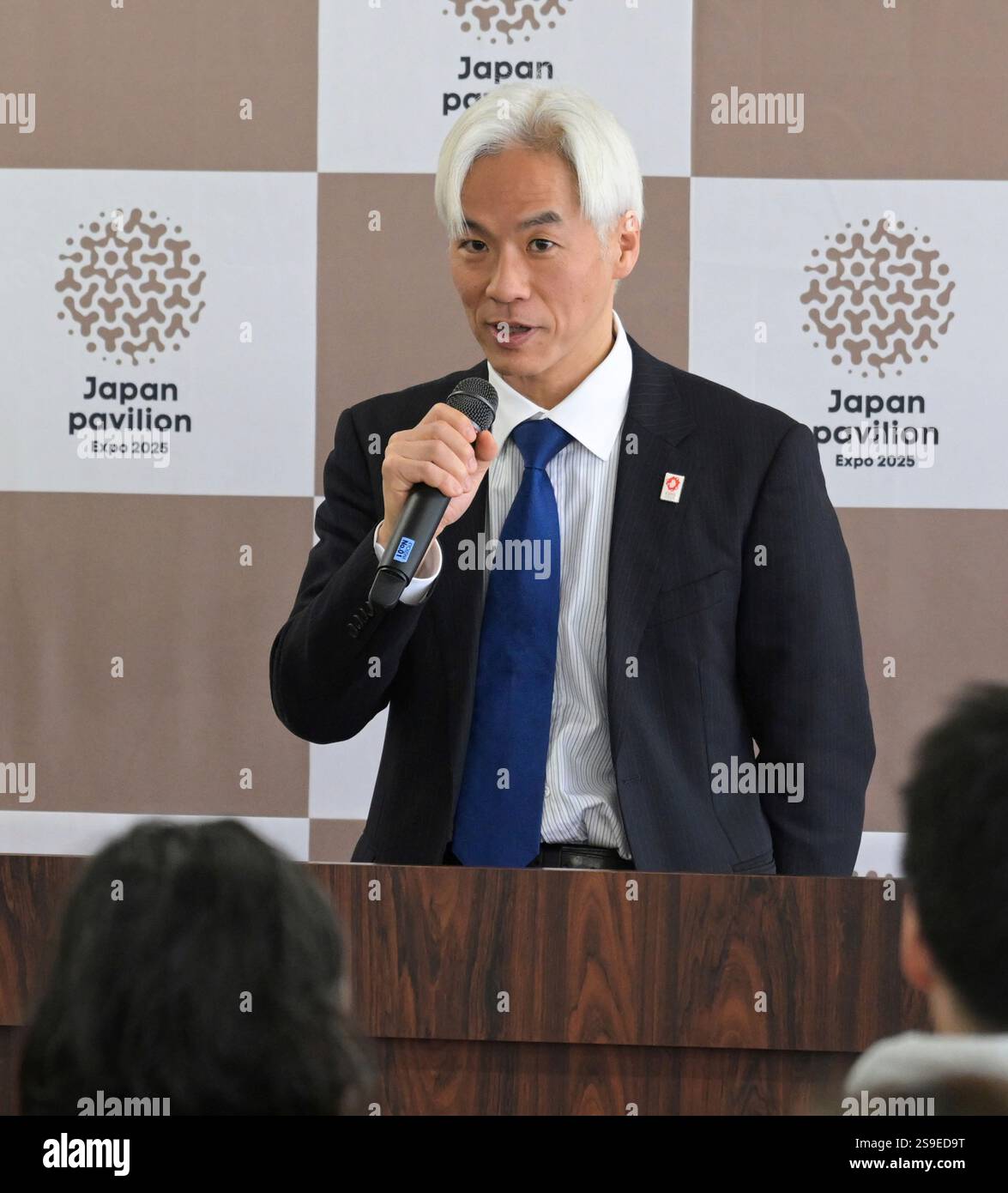 Noriyuki Kuroda, museum director of the Japan Pavilion, explains at Yumeshima, the site of Expo ...
