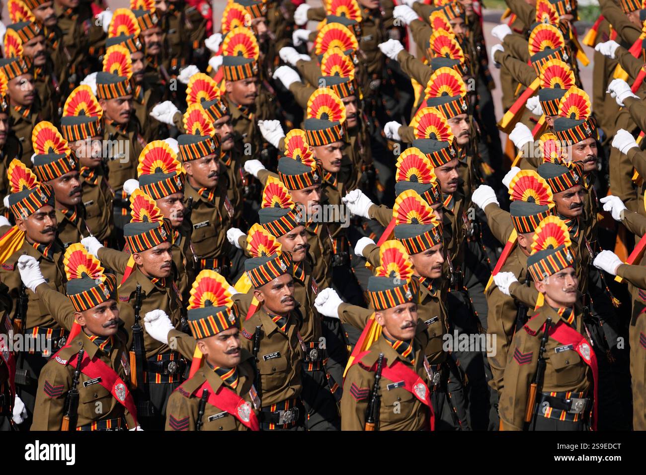 Indian defense forces march on the ceremonial street Kartavyapath ...
