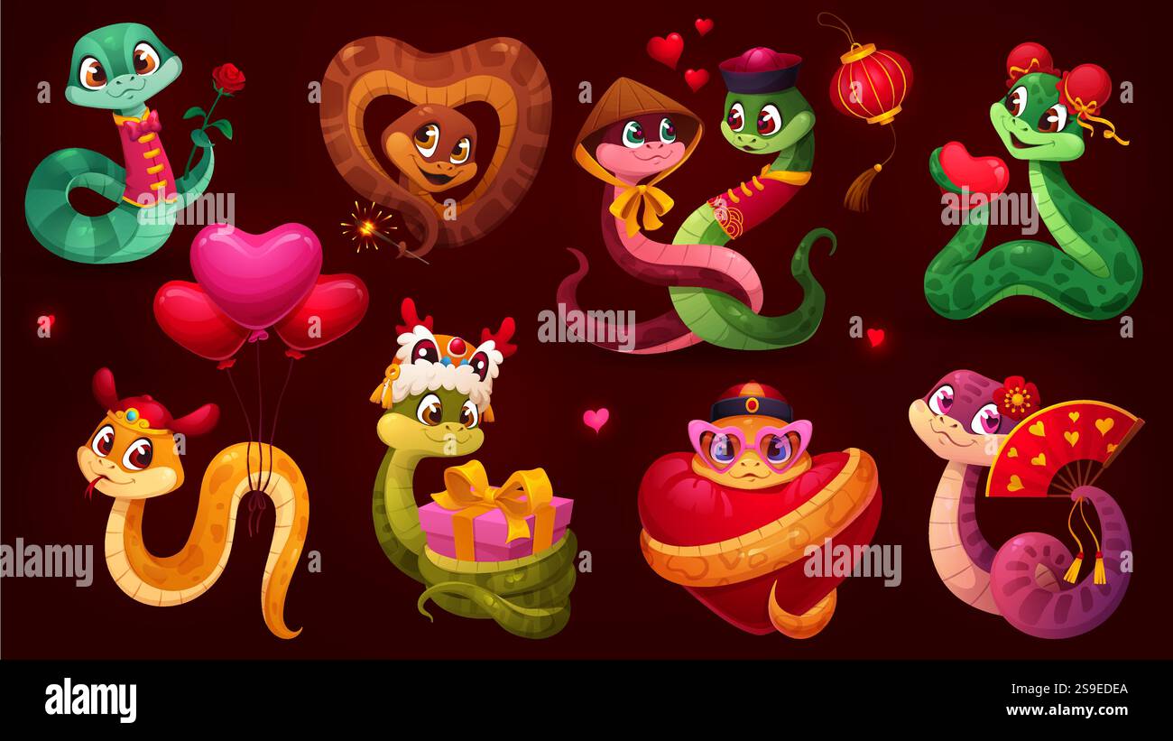 Valentine day cartoon snakes with love hearts and feelings. Vector set ...