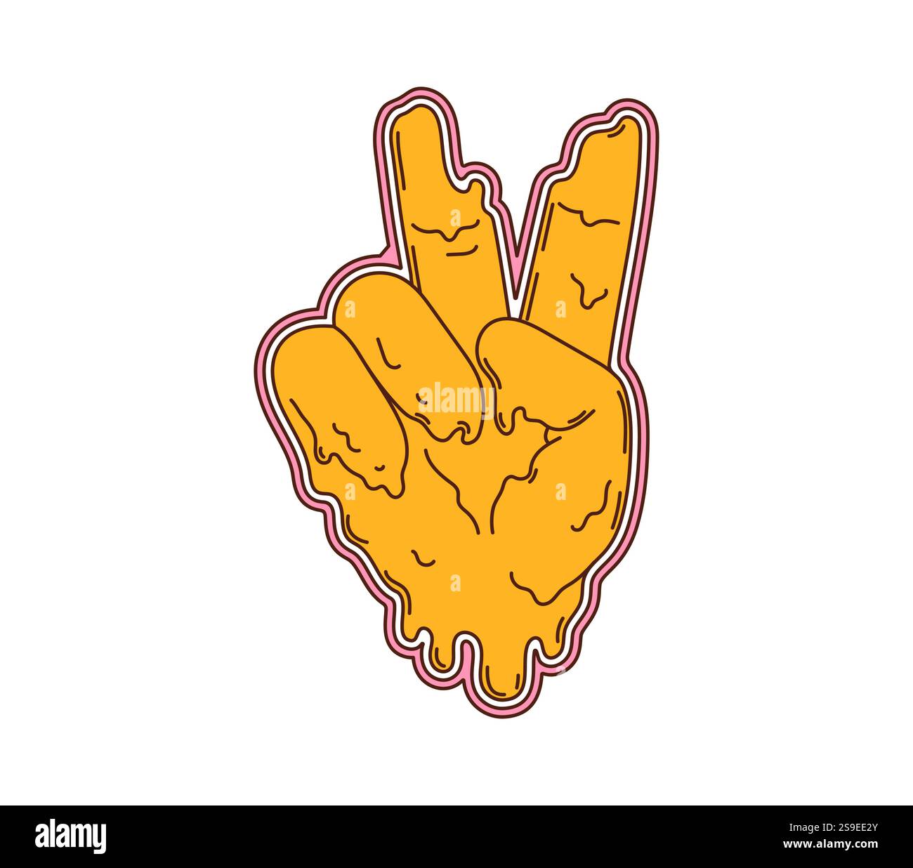 Cartoon retro groovy peace hand gesture with bright yellow color and ...