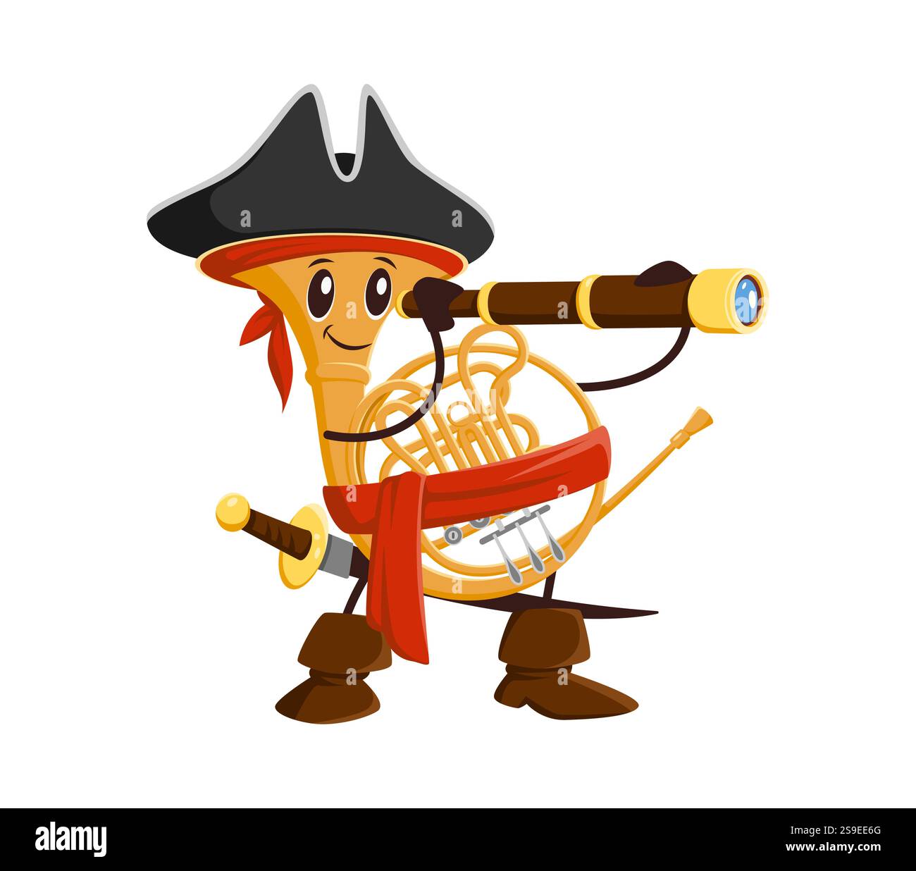 Cartoon French horn musical instrument pirate and corsair character ...
