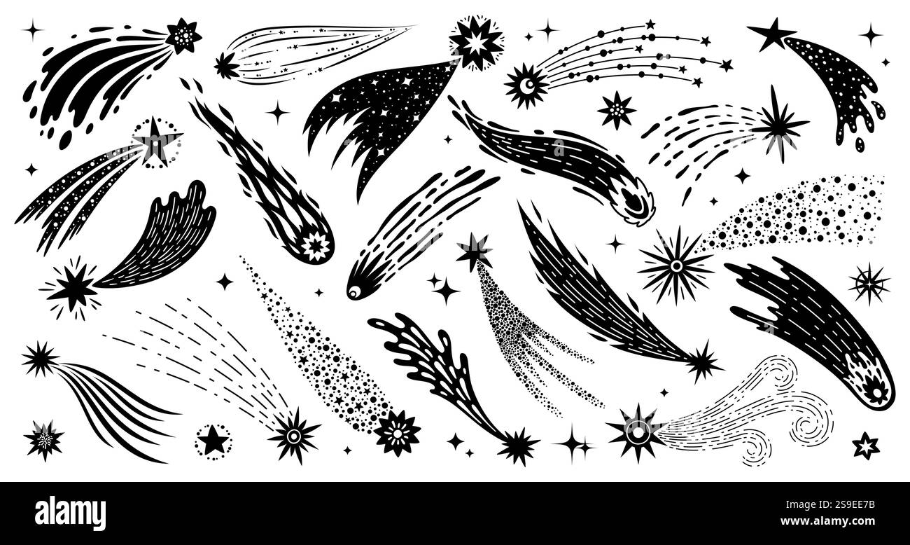 Doodle shooting space stars with trails, galaxy comets and meteors ...