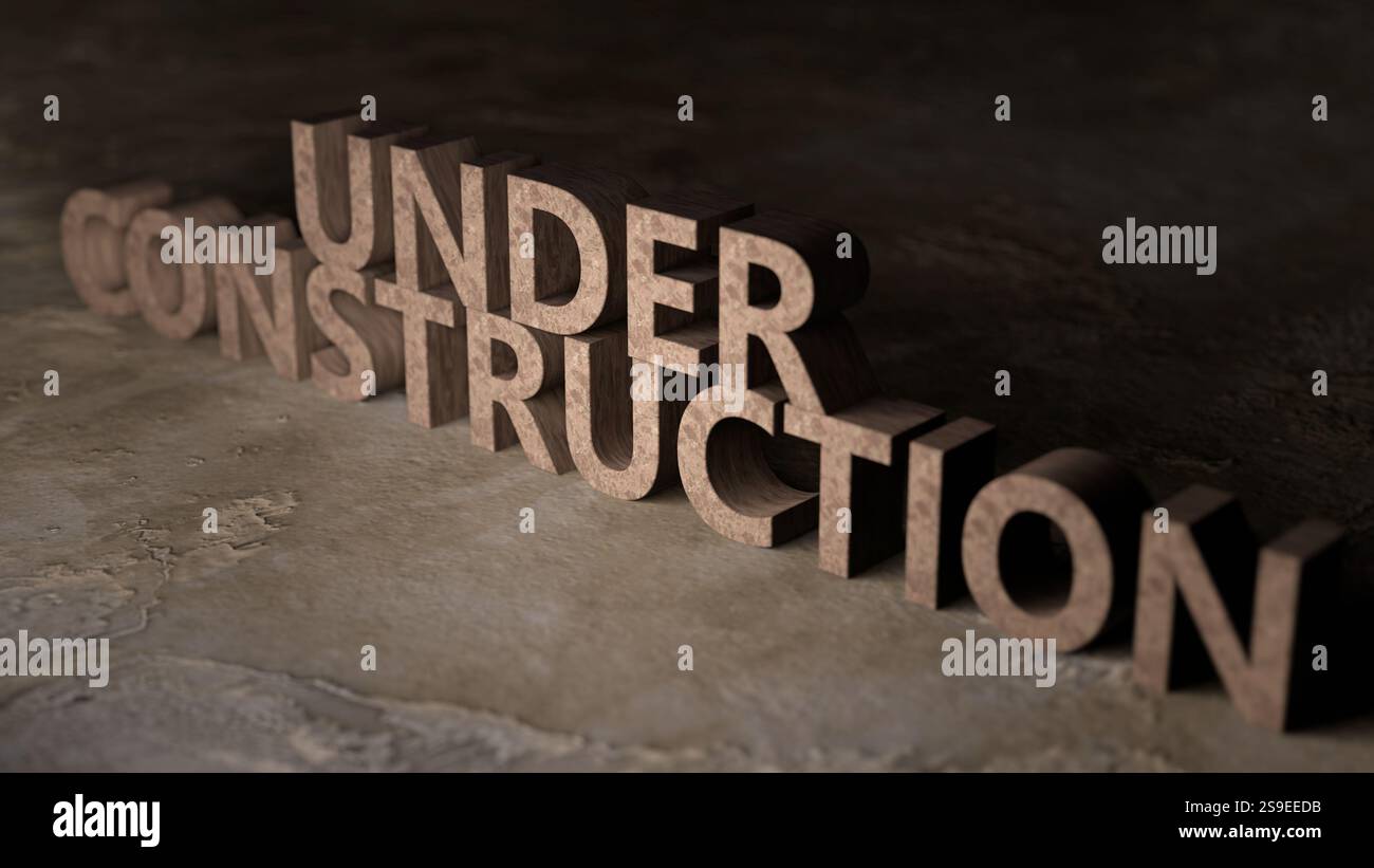 Under Construction sign 3d illustration. Concrete letters on the wall ...